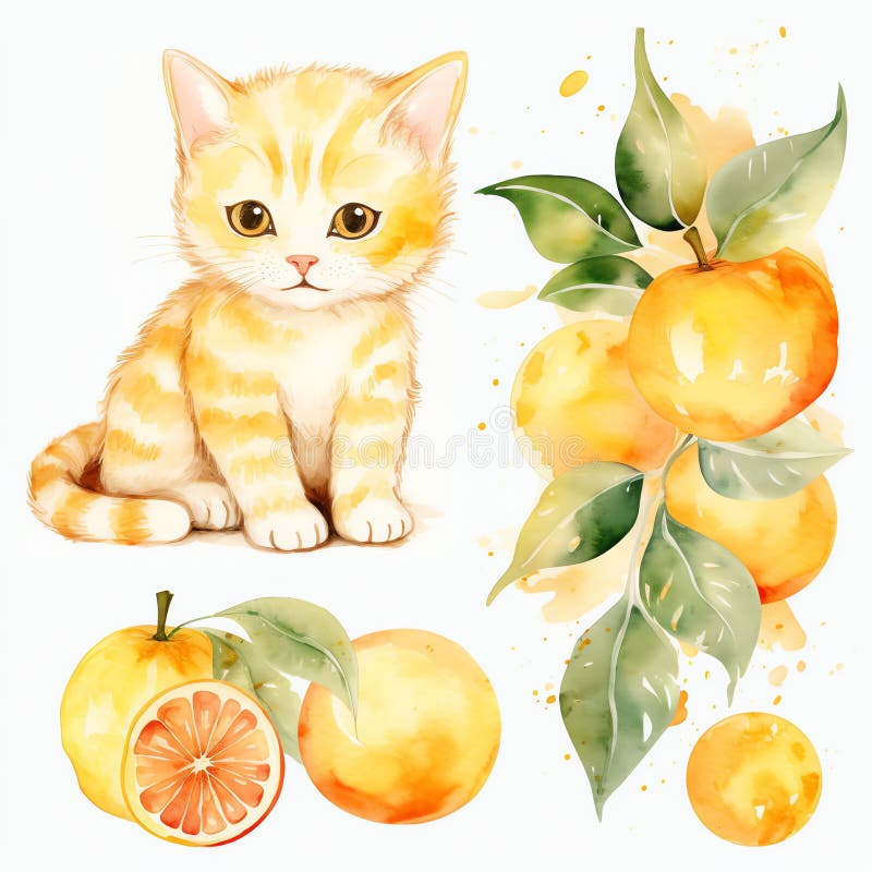 Watercolor Mango Cat Cottagecore Style Tea Party Stock Illustration ...