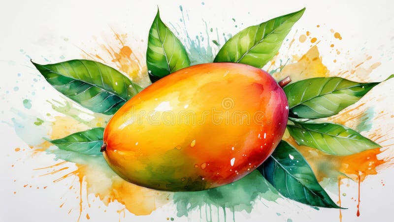 Watercolor Mango with Green Leaves Stock Illustration - Illustration of ...