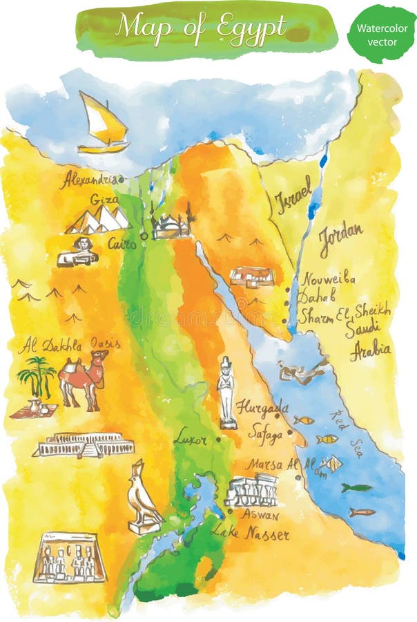 Watercolor Map of Attractions Egypt Stock Illustration - Illustration ...