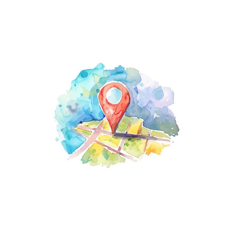 Watercolor Map with Red Location Pin. Vector Illustration Design Stock ...