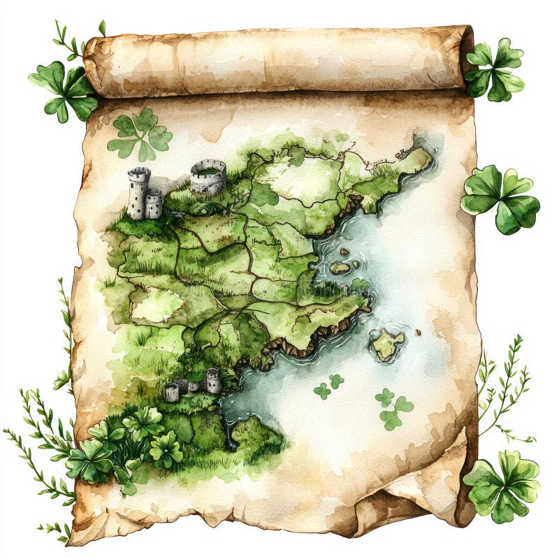 Watercolor Map Scroll of Ireland with Castles and Greenery, Perfect for ...