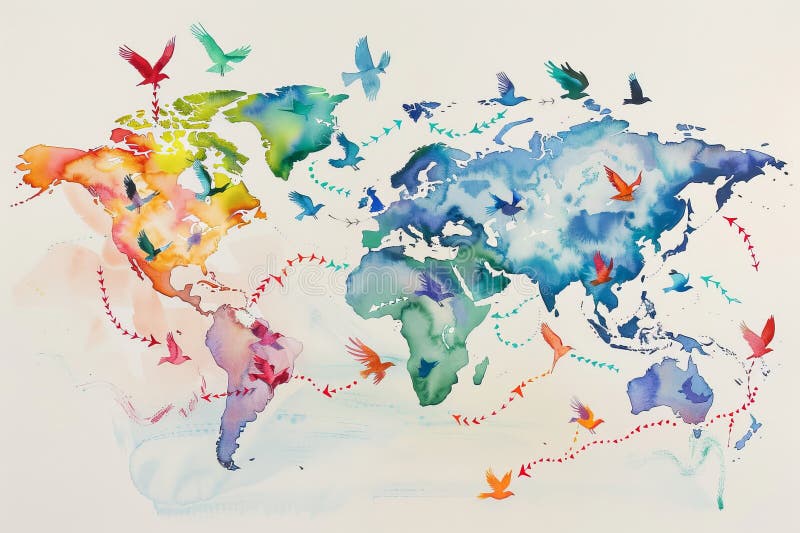 Watercolor Map of the World Depicting the Migration Patterns of ...