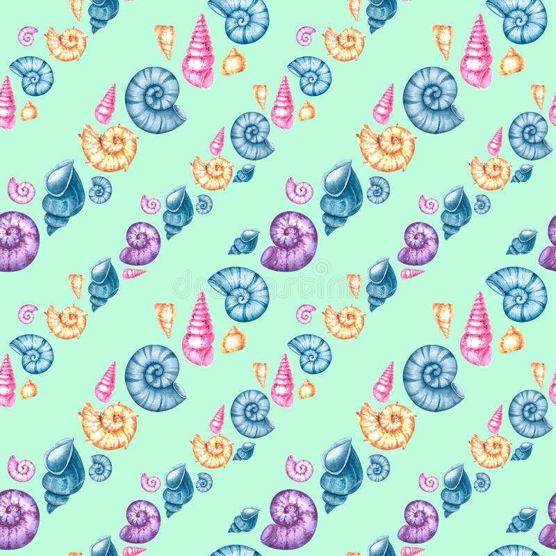 Watercolor Marine Pattern with Shells Stock Illustration - Illustration ...
