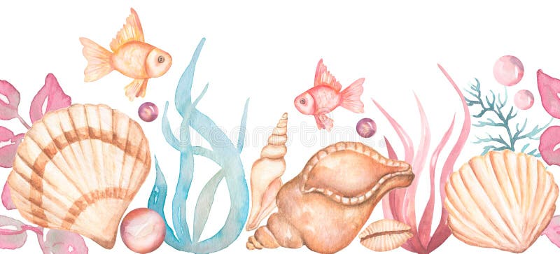 Watercolor Marine Repeat Border. Seamless Sea Tape with Corals ...