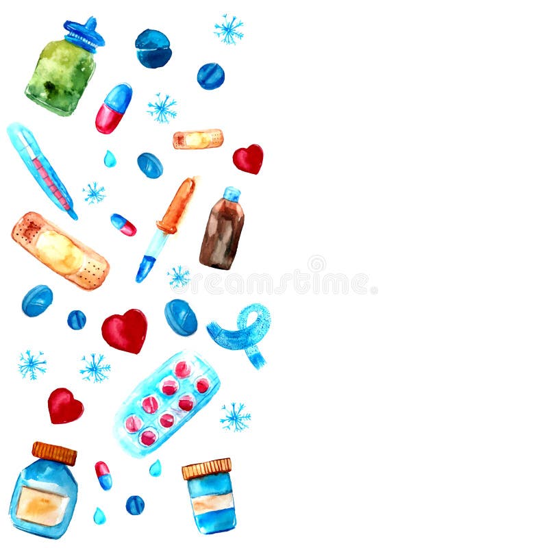 Watercolor Medicine Tablets and Pills, Capsules Frame. Hand Drawn ...