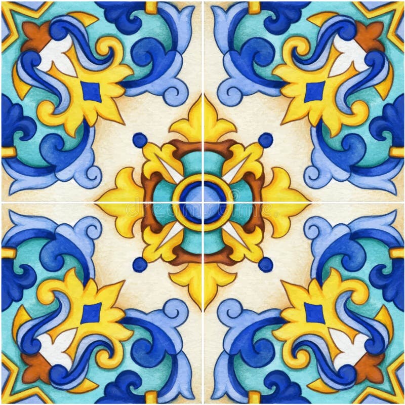 Watercolor Mediterranean Traditional Tiles Stock Vector - Illustration ...