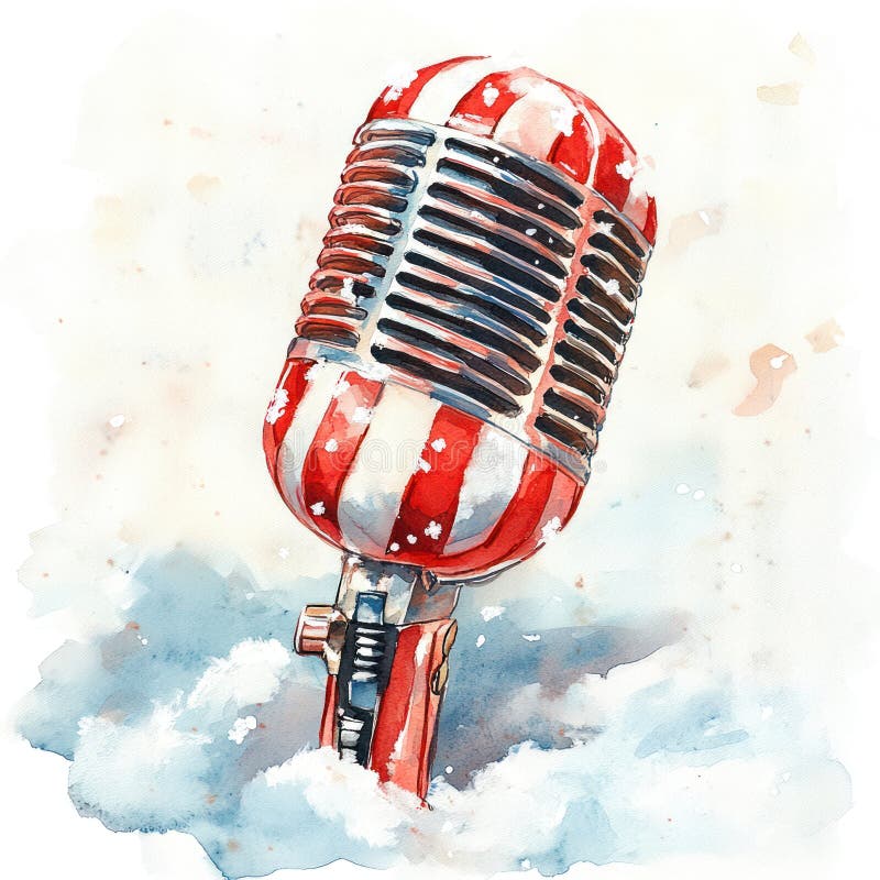 Watercolor Watercolor Microphone with Red and White Stripes, Surrounded ...