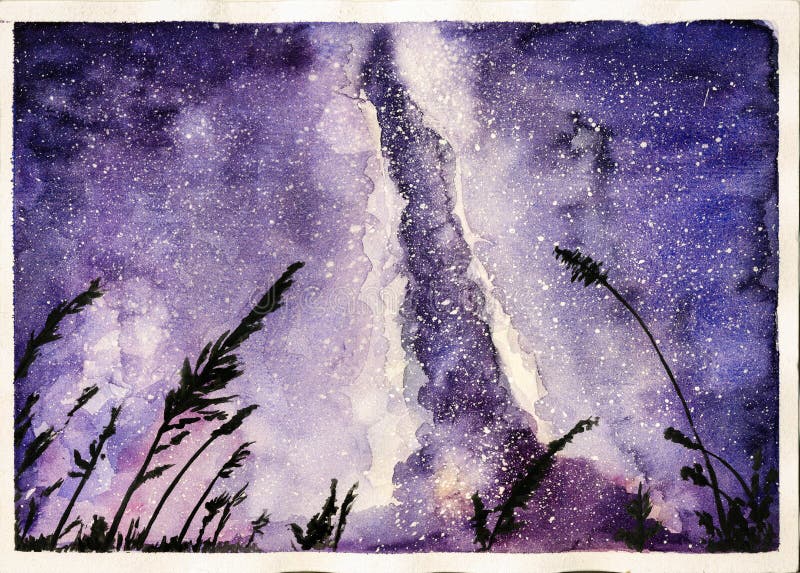 Watercolor Milky Way and Spikelets Stock Illustration - Illustration of ...