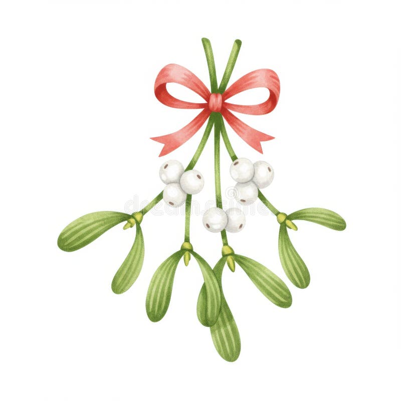 Watercolor Mistletoe with Red Bow Illustration Stock Illustration ...