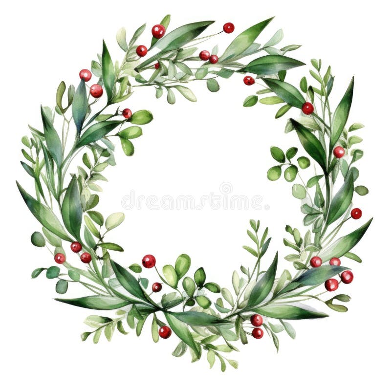 Watercolor Mistletoe Wreath with Red Berries on White Stock ...