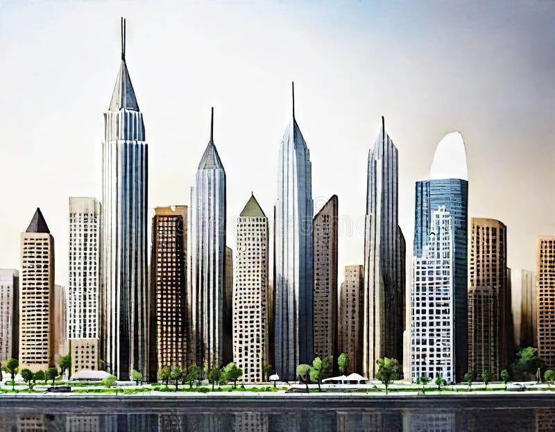 Watercolor of a Model of a City with Tall Stock Illustration ...