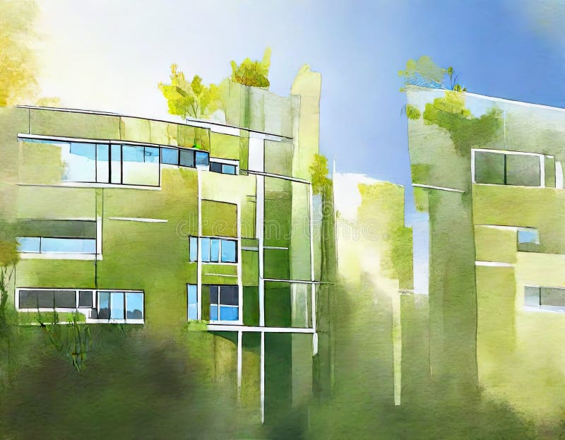 Watercolor of a Modern and Building with Green Features Like Green ...