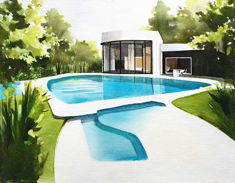 Watercolor of Modern House with Pool Stock Illustration - Illustration ...