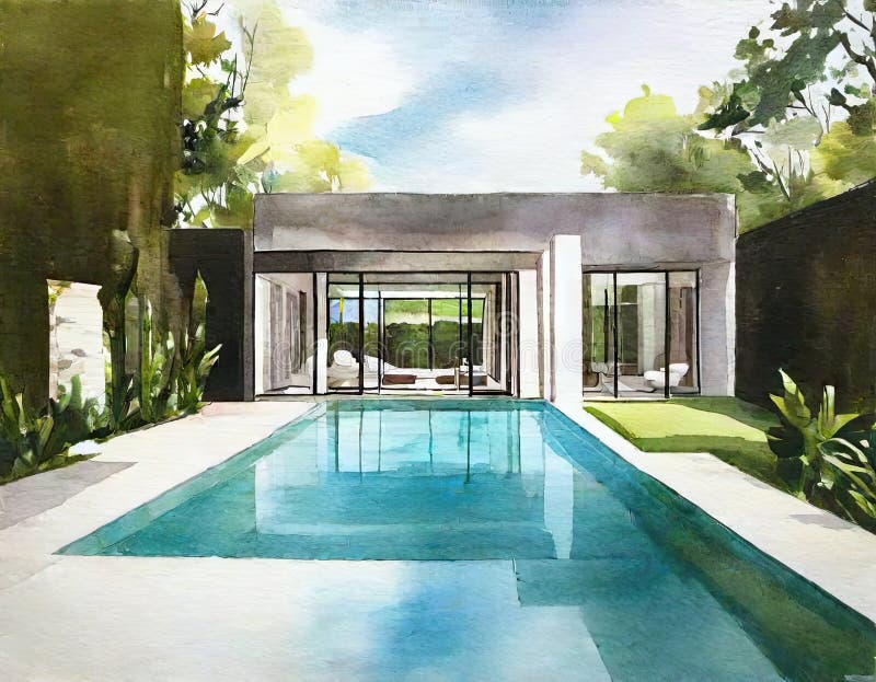 Watercolor of Modern House with Pool Stock Illustration - Illustration ...