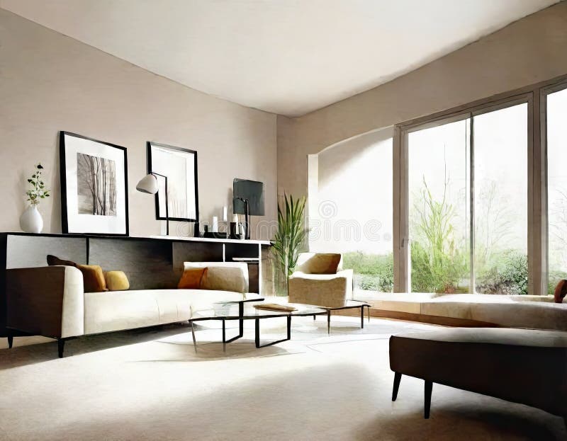 Watercolor of Modern Living Room with a Diagonal Stock Image - Image of ...