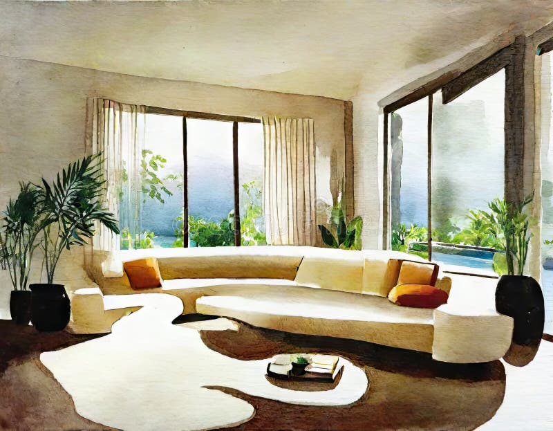 Watercolor of Modern Living Room Stock Illustration - Illustration of ...