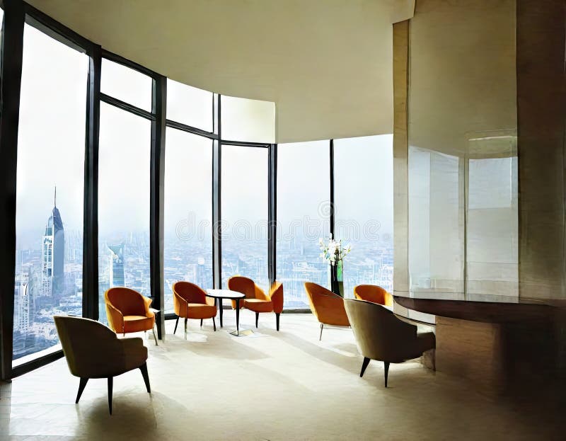 Watercolor of Modern Skyscraper with Professional Interior Design Stock ...