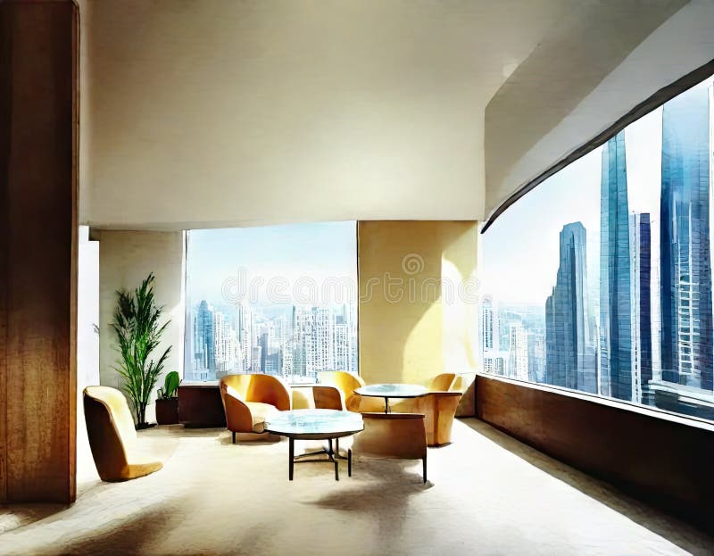 Watercolor of Modern Skyscraper with Professional Interior Design Stock ...