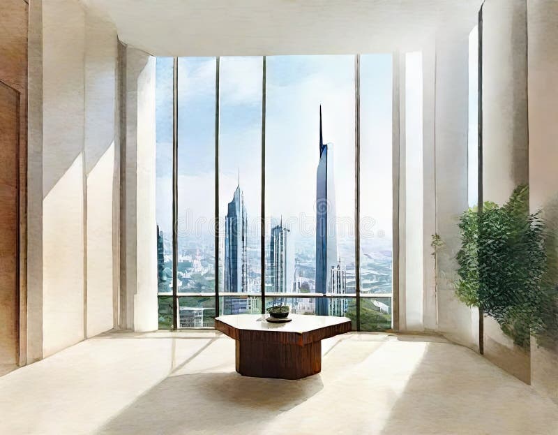 Watercolor of Modern Skyscraper with Professional Interior Design Stock ...