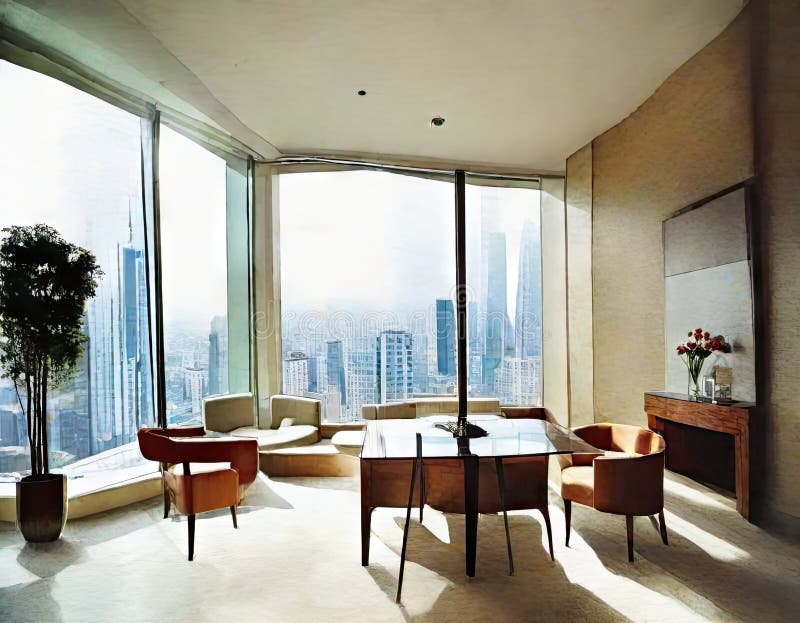 Watercolor of Modern Skyscraper with Professional Interior Design Stock ...
