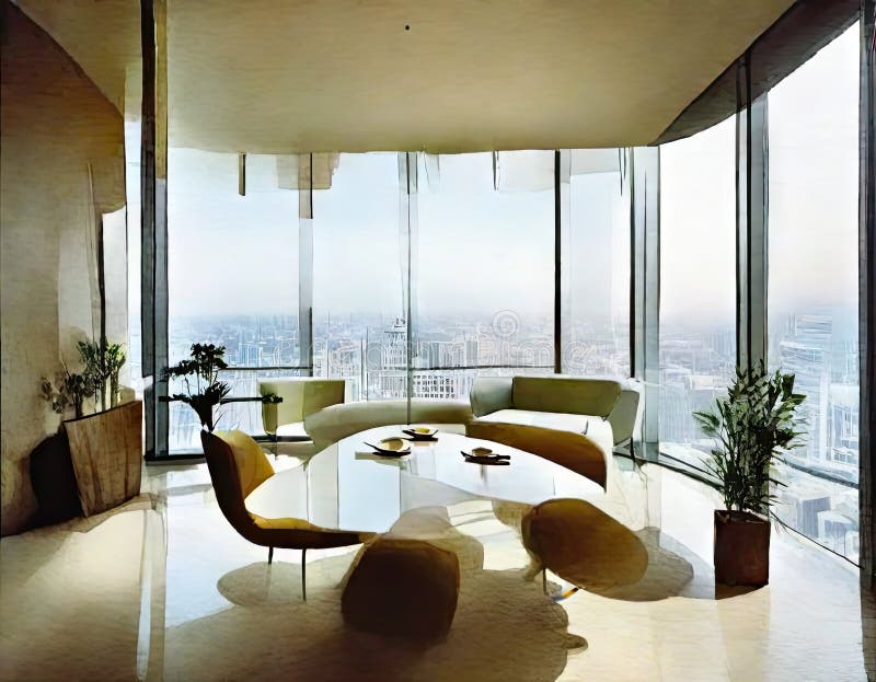 Watercolor of Modern Skyscraper with Professional Interior Design Stock ...