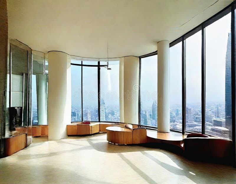 Watercolor of Modern Skyscraper with Professional Interior Design Stock ...