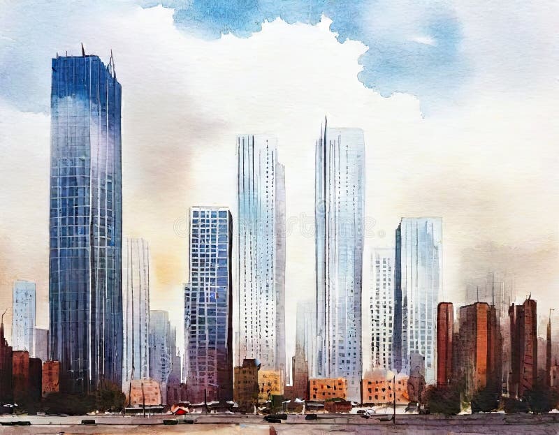 Watercolor of Modern Skyscraper Under Construction Surrounded by Stock ...