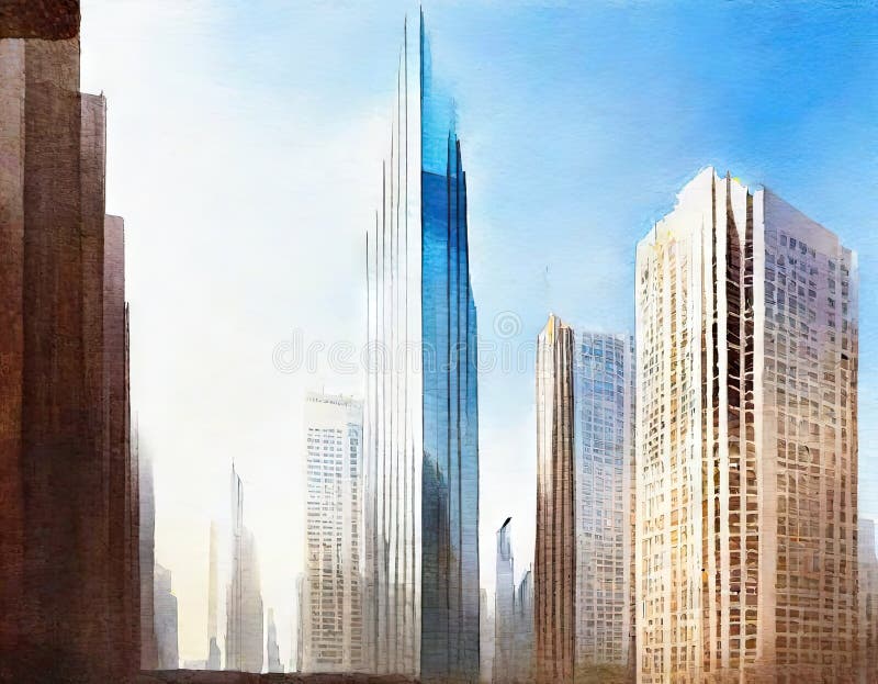 Watercolor of Modern Skyscraper Under Construction Surrounded by Stock ...