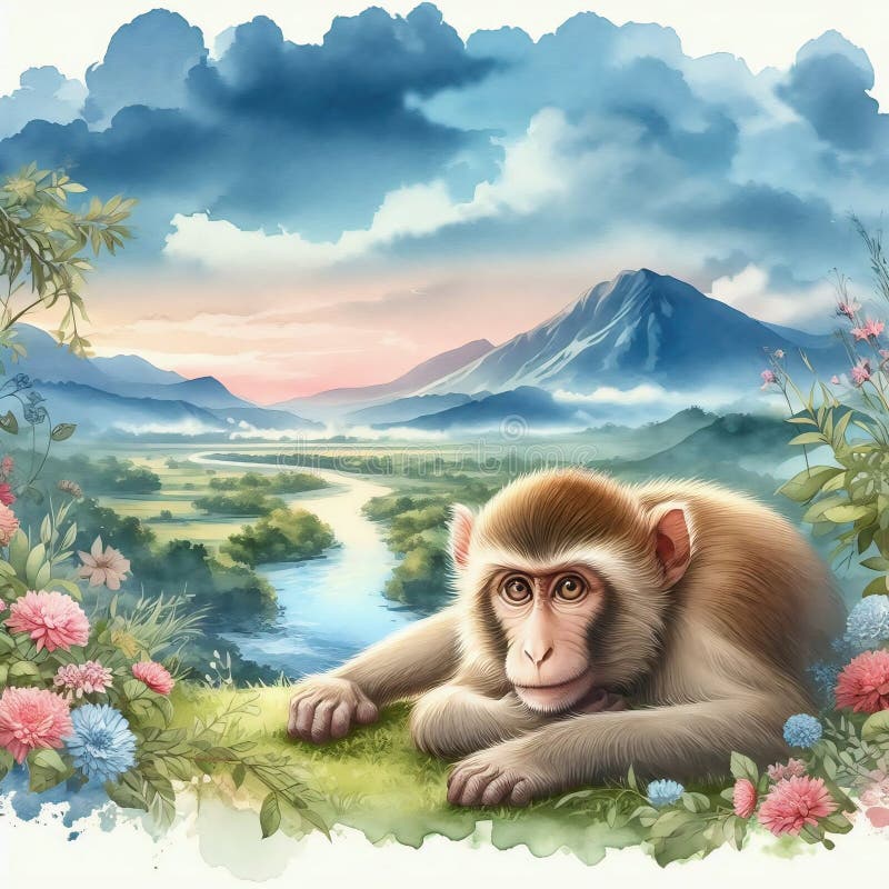 Watercolor monkey art stock illustration. Illustration of wash - 326648207