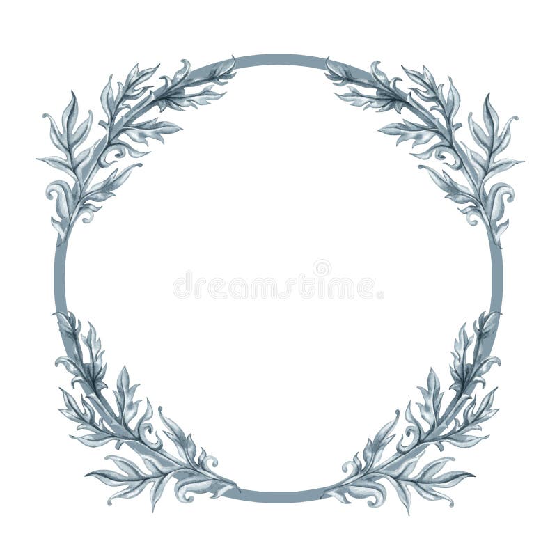 Watercolor Monochrome Gray Round Frame of Abstract Plant Patterns and ...