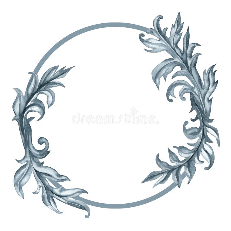 Watercolor Monochrome Gray Round Frame of Abstract Plant Patterns and ...