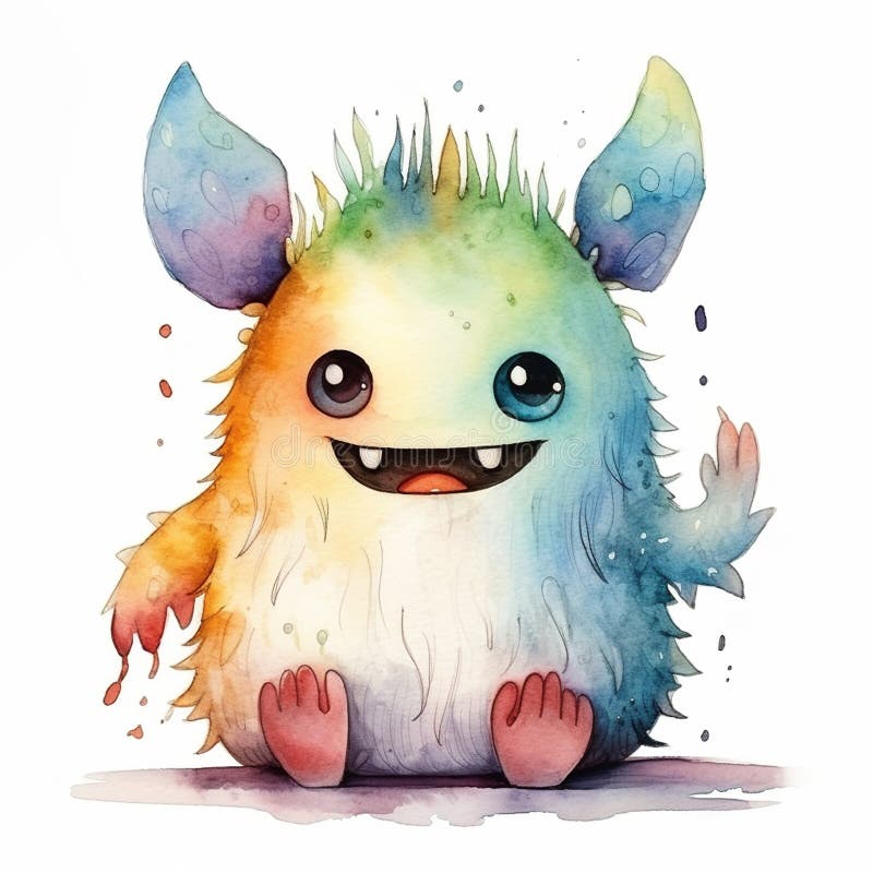 Watercolor Monster Flying a Kite in the Sky Stock Illustration ...