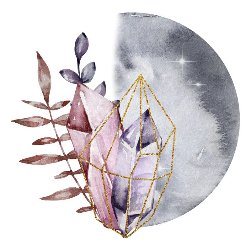 Watercolor Moon with Crystal and Floral Stock Vector - Illustration of ...