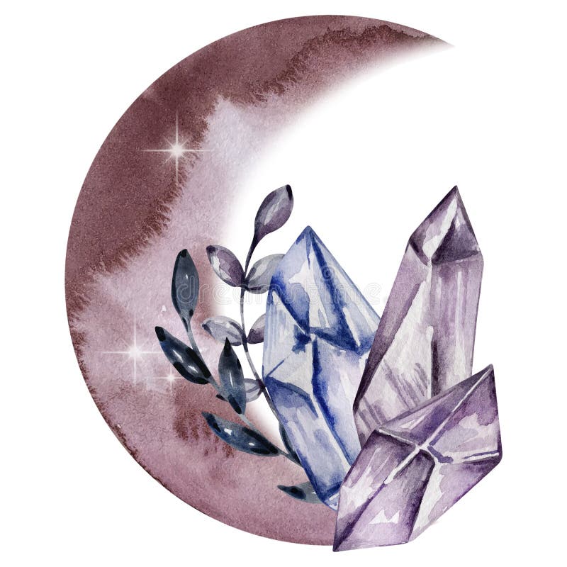 Watercolor Moon with Crystal and Floral Stock Illustration ...