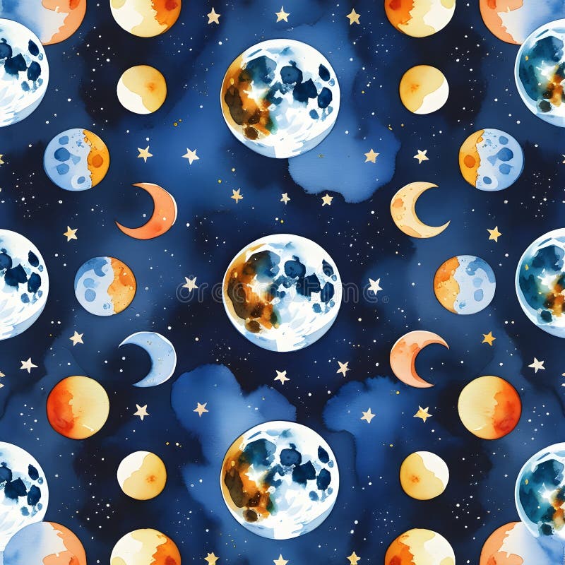 Watercolor Moon Phases Pattern. Hand Painted Various Phases Isolated on ...
