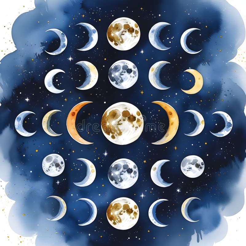 Watercolor Moon Phases Pattern. Hand Painted Various Phases Isolated on ...