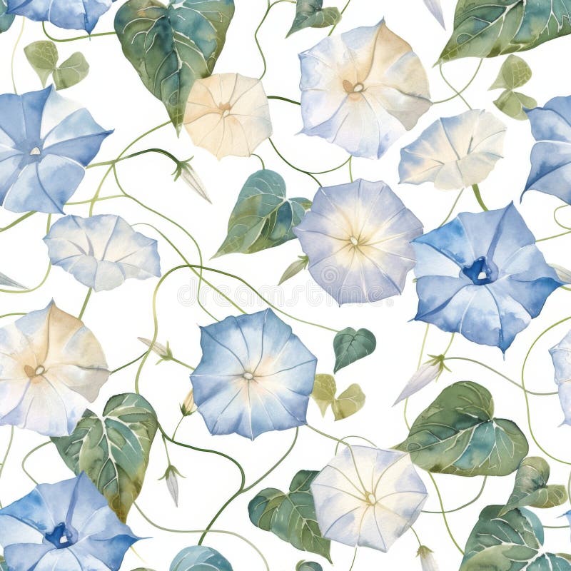 Watercolor Morning Glory Flowers Seamless Pattern Background Stock ...