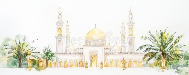 Watercolor Mosque Golden Dome Palm Tree Religious Architecture Stock ...