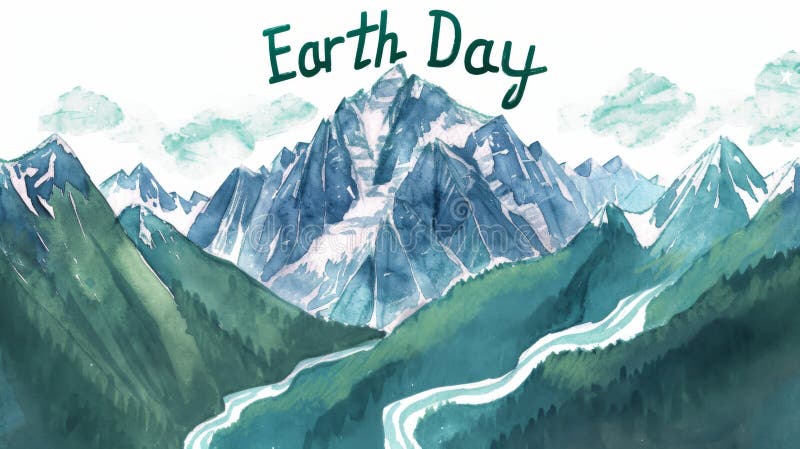 Watercolor Mountain Landscape with Earth Day Calligraphy Stock Photo ...
