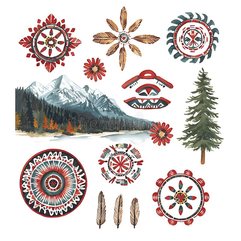 Watercolor Native American Inspired Design Elements with Mountain ...