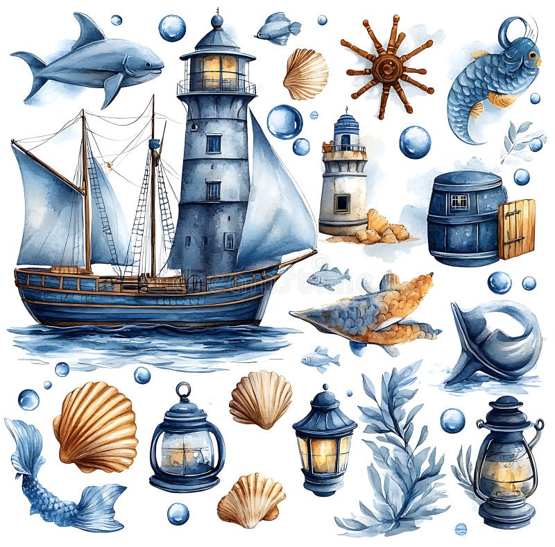 Watercolor Nautical Elements Ship, Lighthouse, Fish, Shells, Lanterns ...