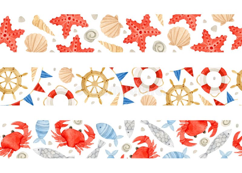 Watercolor Nautical Seamless Borders Set Stock Image - Image of sailor ...