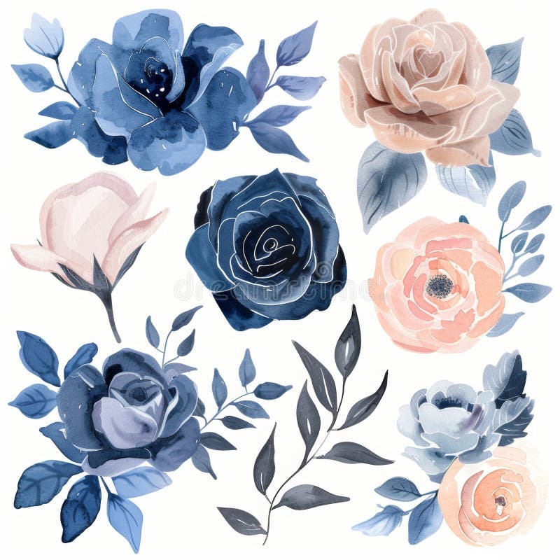 Watercolor of a Navy Blue and Blush Roses, in White Background. Stock ...