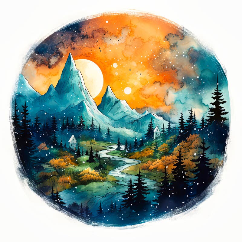 Watercolor Night Scene with Mountains and Stars Stock Photo - Image of ...