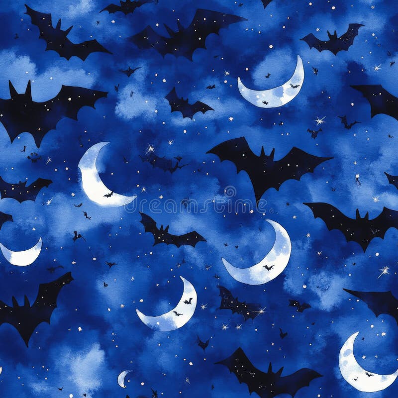 A Watercolor Night Sky Pattern with Deep Blue Hues, Glowing Moons, and ...