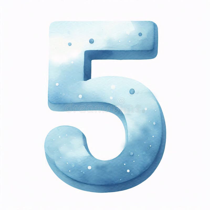 Watercolor Illustration of the Number Five in Blue Stock Illustration ...