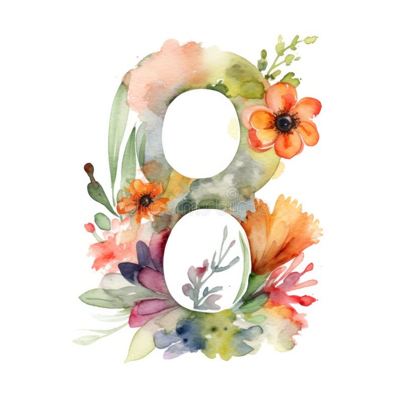 Watercolor Number 8 with Flowers. Stock Illustration - Illustration of ...