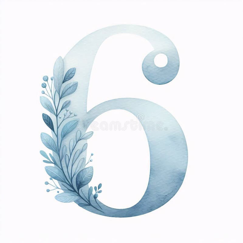 Watercolor Illustration of the Number Six with Plant Elements in Blue ...