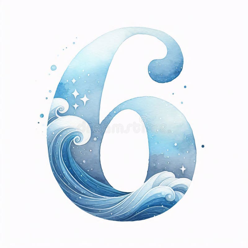 Watercolor Illustration of Number Six with Wave Texture Stock ...