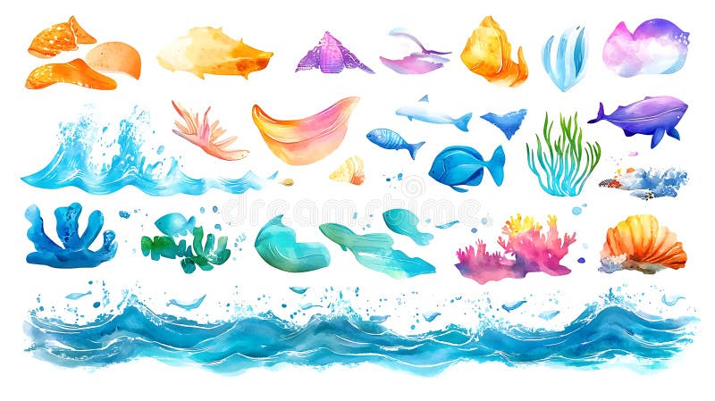 Watercolor Ocean Elements Fish, Corals, Waves, Shells Stock ...